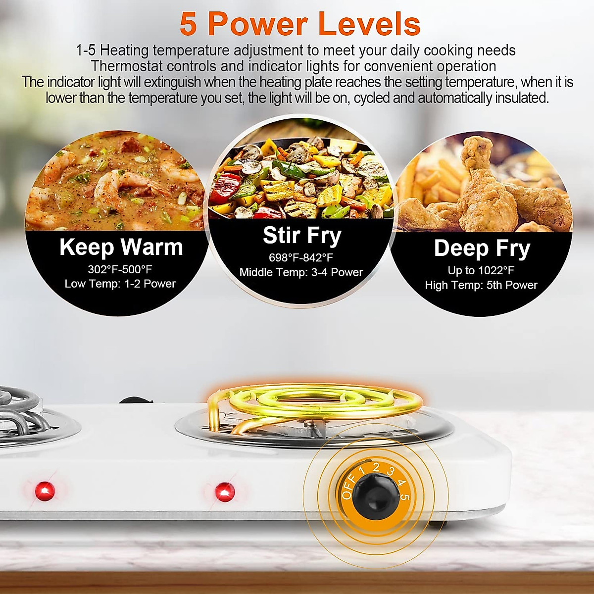 Moclever 2000W Electric Double Burner Portable Coil Heating Hot Plate Stove Countertop RV Hotplate Electric Cooktop w/Non Slip Rubber Feet 5 Temperature Adjustments, White