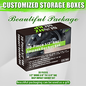SUNHZ MCKP 20 PCS 1/2" Impact Socket Set, Drive Deep 6 Point Socket Set, Including Standard SAE Sockets (3/8" to 1-1/4"), 3 ", 6", 10" Impact Extension Bar and Drill Socket Adapter, Cr-MO
