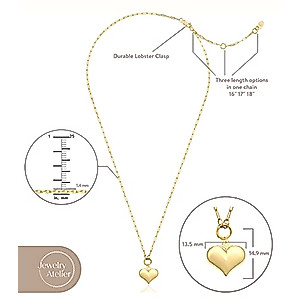 Jewelry Atelier Gold Filled Heart Necklaces – 14K Yellow Gold Filled Hearth Pendant with Solid Clip Chain for Women (Different Sizes and Styles with Extension/Adjustable Chain) (Puffed)