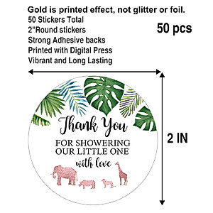 50 Jungle Rose Gold Baby Shower Stickers, Thank You for Showering Our Baby with Love Stickers, Baby Shower Favors for Boy or Girl, Baby Shower Favor Labels for Birthday Party, 2 Inches