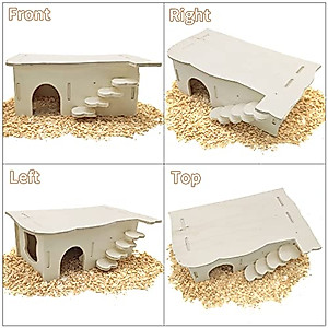 BNOSDM Wooden Hamster House with Steps Multi-Chamber Mouse Hideout Wood Guinea Pig Hut Hideaway with Ramp for Dwarf Syrian Hamsters Mice Rats Gerbils Small Animals (L)