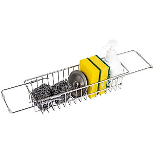 YQh Kitchen Sponge Holder, Sink Caddy，Sink Storage Rack Holder Adjustable，Over Sink Expandable(11.8''-18.9'') Brush Soap Storage Rack，Rust Proof Water Proof, No Drilling- Stainless Steel