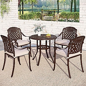 Sophia & William Outdoor Patio Dining Set 5 Pieces Cast Aluminium Bronze with 4 Cushioned Chairs Armchairs and Round Table 1.97" Umbrella Hole, Retro Patio Furniture for Porch Yard Deck Garden Lawn