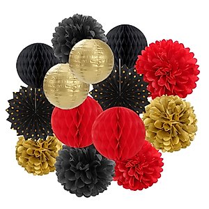 Red-Black Gold Party Decorations Streamers Lanterns - 14pcs Casino-Theme Graduation 2024 Paper Fan,Game Night Wedding Birthday Baby Bridal Shower Tissue Pom Poms,Honeycomb Balls Decor Ouruola