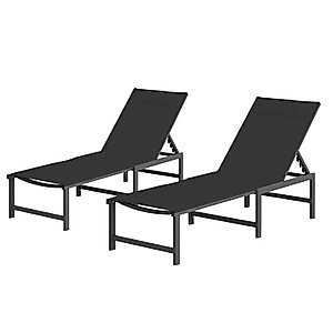 WOAJNQO Chaise Lounge Chair Outdoor,Aluminum Patio Lounge Chairs Set of 2, Adjustable 5-Position Recliner and Full Flat Tanning Chair with Pillow for Pool, Outside,Beach,Black