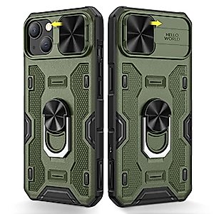 Caka for iPhone 14 Plus Case, Phone Case with Camera Cover & Kickstand, Built-in 360°Rotate Ring Stand Magnetic Magnet Protective Cover for iPhone 14 Plus -Green