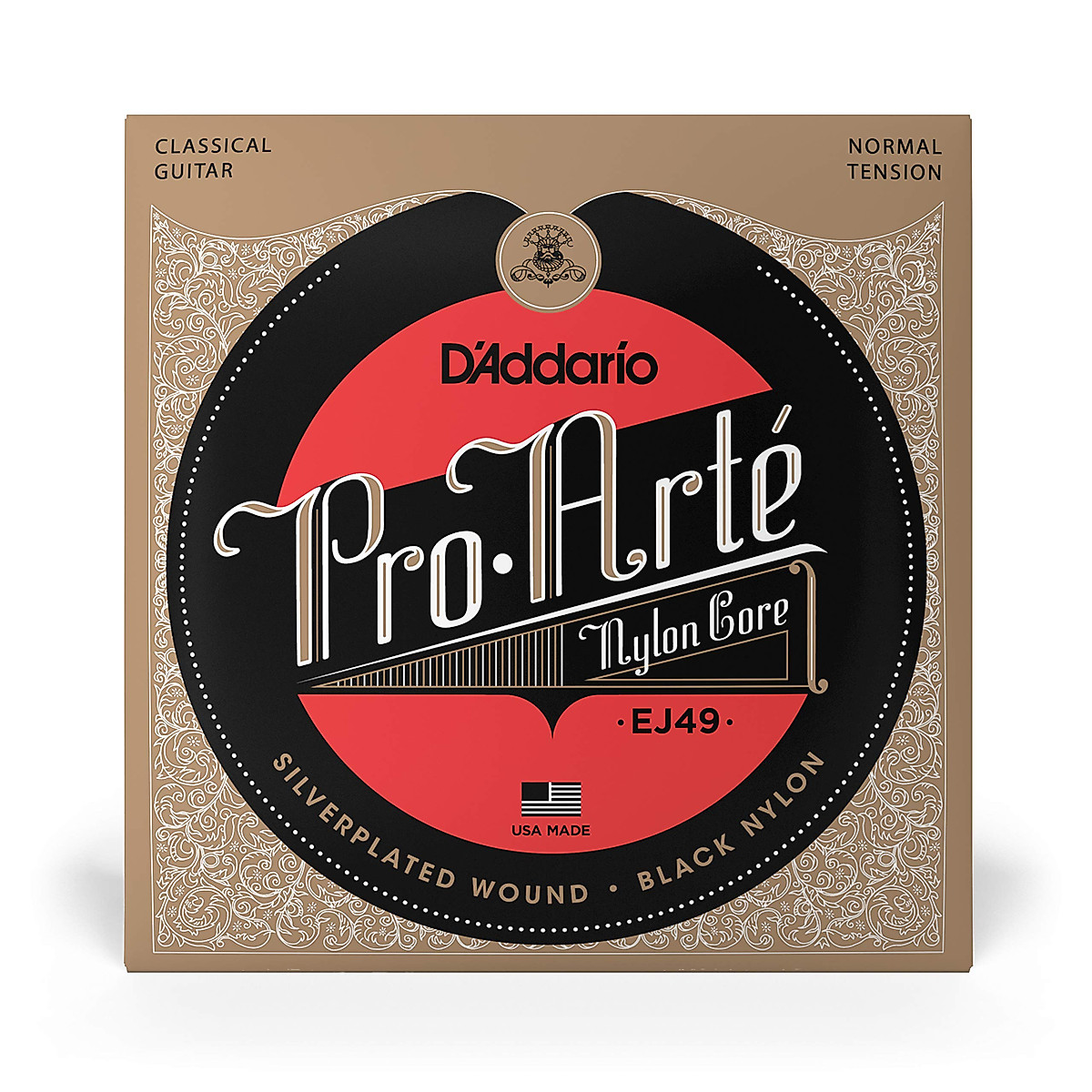 D'Addario Guitar Strings - Pro-Arte Classical Guitar Strings - EJ49 - Nylon Guitar Strings - Silver Plated Wound, Black Nylon Core - Normal Tension