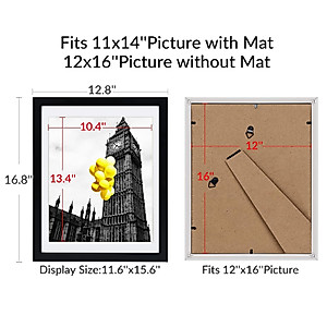 BSRHOME 12x16 Picture Frames Set of 2 with Plexiglass, Display Pictures 11x14 with Mat or 12x16 Without Mat for Tabletop Display and Wall Mounting，Black