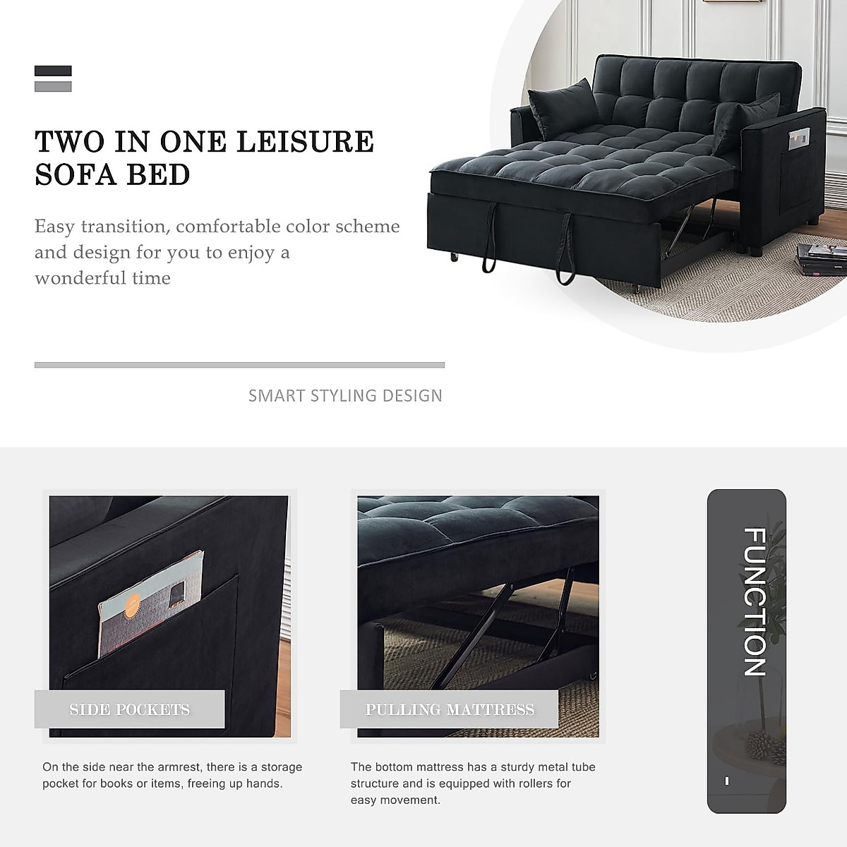 Eifizek 3-in-1 Convertible Sleeper Sofa Bed, Modern Pullout Couch Bed with Pull Out Bed, Adjustable Backrest, Futon Sofa for Living Room Furniture (Black)