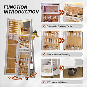 HNEBC 360° Swivel Jewelry Armoire with Mirror, LED Mirror Jewelry Cabinet Standing, Full Length Mirror with Jewelry Storage, Standing Jewelry Organizer/Lockable Wheels/Foldable Makeup Shelf (White)