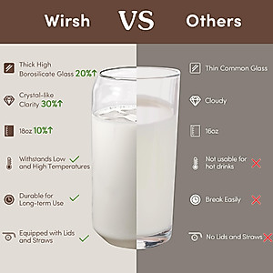 wirsh Drinking Glasses, 4pcs 18oz Can Shaped Glass Cups with Bamboo Lids and Glass Straw,Cute Tumbler Cups for Iced Coffee, Beer, Tea, Coffee Bar Accessories, Giftable