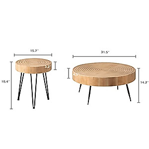 COZAYH 2-Piece Modern Farmhouse Living Room Coffee Table Set, Nesting Table Round Natural Finish with Handcrafted Wood Ring Motif
