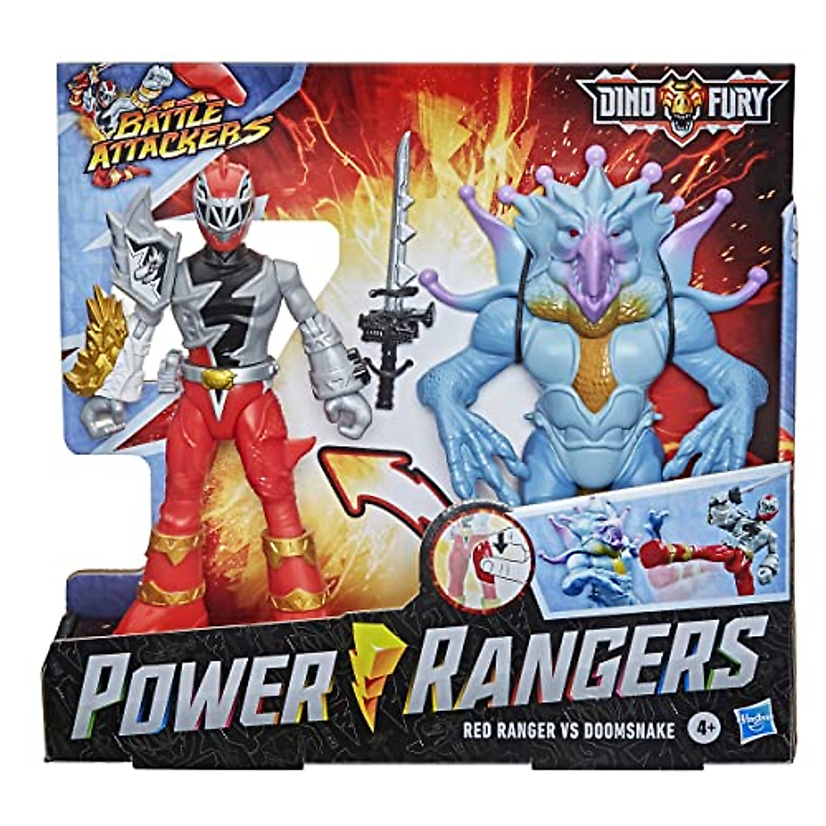 Power Rangers Dino Fury Battle Attackers 2-Pack Red Ranger vs. Doomsnake Martial Arts Kicking Action Figure Toys Inspired by TV Show Ages 4 and Up
