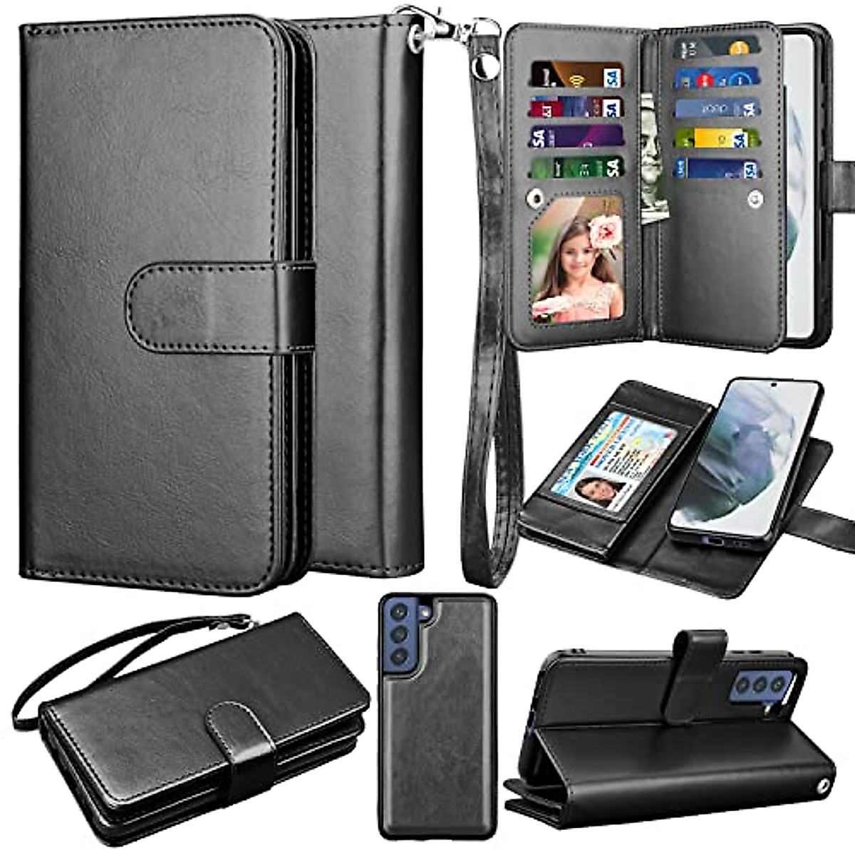Takfox Galaxy S21 FE 5G Case, for Samsung S21 FE 5G Wallet Case PU Leather Flip Case Cover with Magnetic Closure [9 Card Slots] Card Holder Kickstand for Women Men Folio Detachable Phone Case-Black