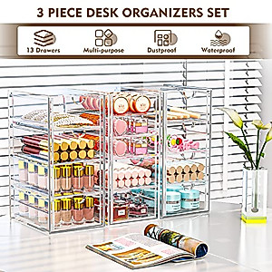 Desk Organizers And Accessories With 13 Drawers, Office Desktop Drawers, Plastic Makeup Organizer Containers Bins With Drawers Desk Organization, Bathroom Organizers Storage Case Box Cube, Pack of 3