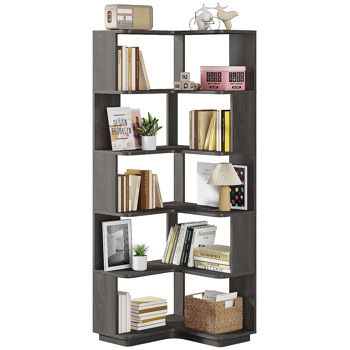 Tribesigns 6-Tier Corner Bookshelf, 64.9 Inch Tall Bookcase with Anti-Drop Panel, Industrial Freestanding Corner Shelf Display Rack Storage Organizer for Home Office, Living Room, Grey