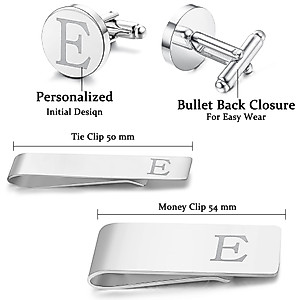 LOYALLOOK 4Pcs Stainless Steel Engraved Initial Cufflinks and Tie Bar Money Clip Set Personalized Button Shirt Initials Tie Clip Alphabet Letter A-Z for Best Man Groom Wedding Business Letter J