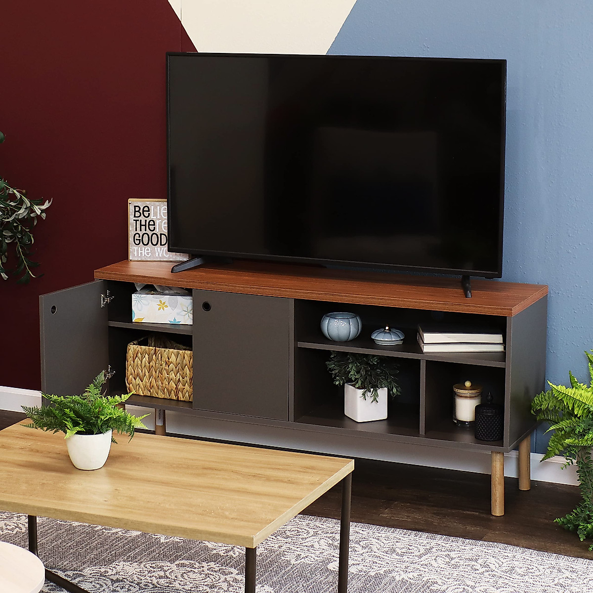 Sunnydaze Mid-Century Modern TV Stand for 55-Inch TV - Living Room Entertainment Center with Storage - Media Console Cabinet with Shelves - Gray