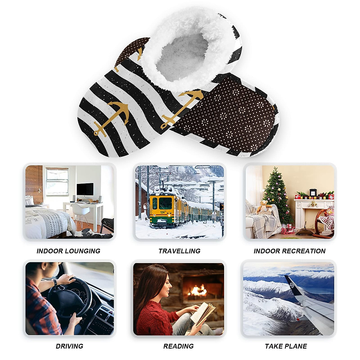 Indoor Slippers for Women Men Nautical Sea Anchor Stripe House Slipper Socks with Grippers Non-Slip Fuzzy Feet Slippers Winter Warm Flip Flop (Men 11-12)