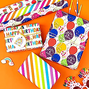 WRAPAHOLIC Birthday Wrapping Paper Roll - Mini Roll - 3 Rolls - 17 Inch X 120 Inch Per Roll - Colorful Balloons, Stripes, Happy Birthday for Party, Celebration, Baby Shower