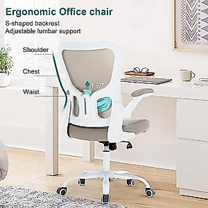 Office Chair Ergonomic Desk Chair - PU Leather Thick Cushion Adjustable Height Computer Chair with Lumbar Support and Flip-up Armrests, Home Office Desk Chairs, Swivel Executive Task Chair, Khaki