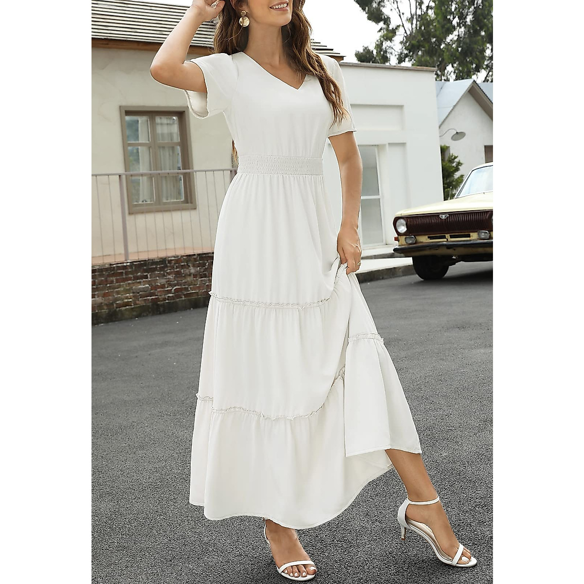 Zattcas Womens 2025 Long Summer Dress Casual Short Flutter Sleeve V Neck Smocked Waist Tiered Flowy Modest Solid Boho Maxi Dress White M