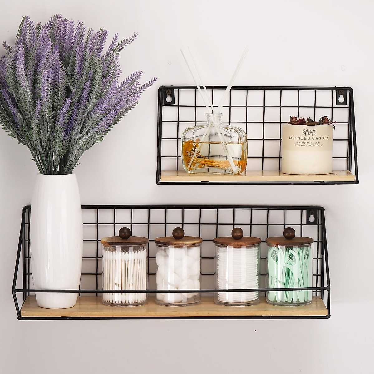 Tbestmax Qtip Holder with Wood Lids, 10oz Plastic Apothecary Jars for Cotton Ball, Cotton Swab, Floss, Clear Bathroom Containers Storage and Organizer