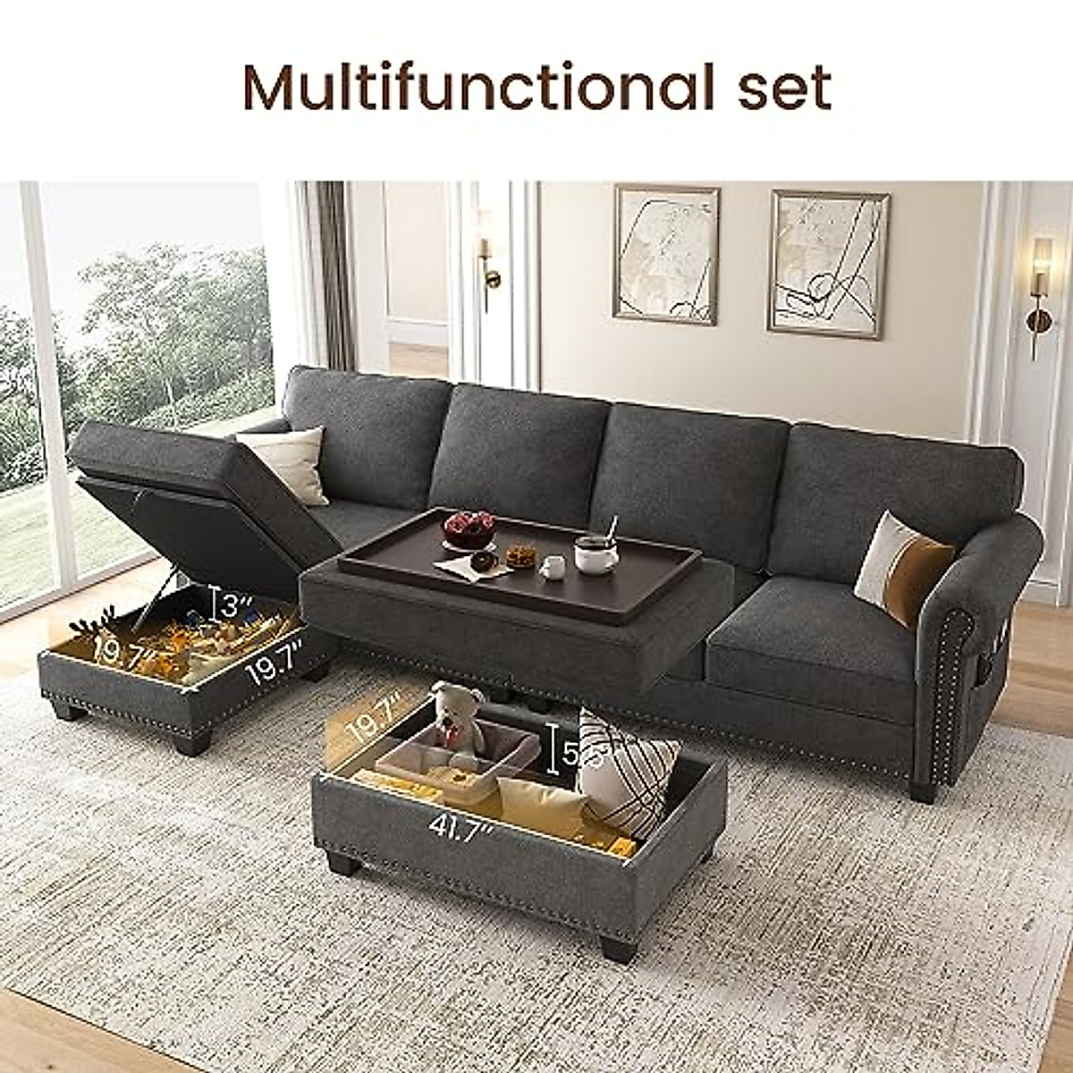 Nolany Convertible Sectional Sofa Couch, L Shaped Couch with Storage Ottoman Reversible Sofa with Chaise Small Sectional Couches for Living Room Set, Dark Grey