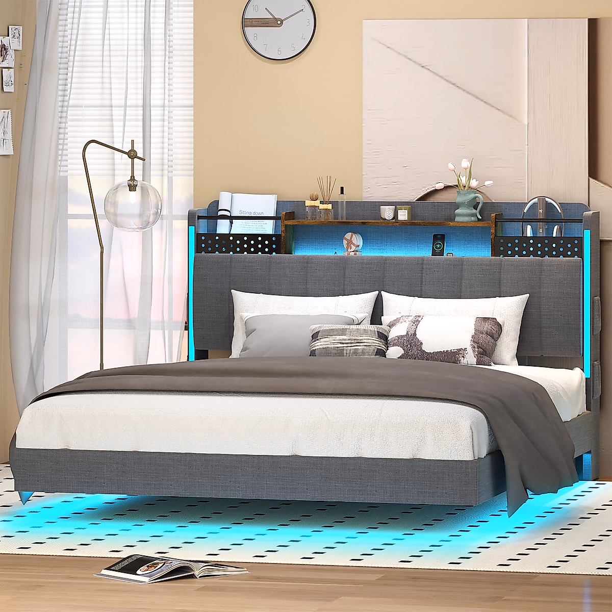 Full Size Floating Bed Frame with Charging Station,RGB Light,2-Tier Upholstered Headboard & 2 Hidden Storage Space,Heavy Duty Slat Support,Sturdy & Stable,Line Tufted, No Box Spring Needed, Dark Gray