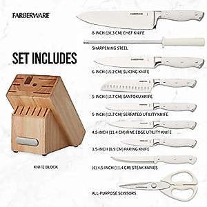 Farberware 15-Piece Forged Triple Rivet Knife Block Set, Razor-Sharp Kitchen Knife Set with Wood Block, High-Carbon Stainless Steel, White
