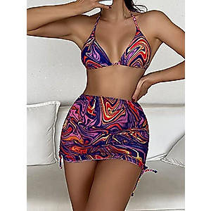 SOLY HUX Women's 4 Piece Swimsuits Triangle Bikini Bathing Suits with Mesh Beach Skirt & Bandana Bikini Sets