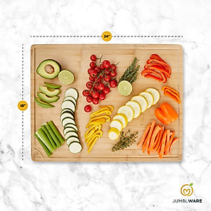 JumblWare Bamboo Cutting Board. Heavy Duty Wooden Chopping Block Tray with Handles & Juice Groove for Meat, Cheese, Fruits, Vegetables & Charcuterie. Kitchen Gift for Men & Women. Large, 24” x 18”