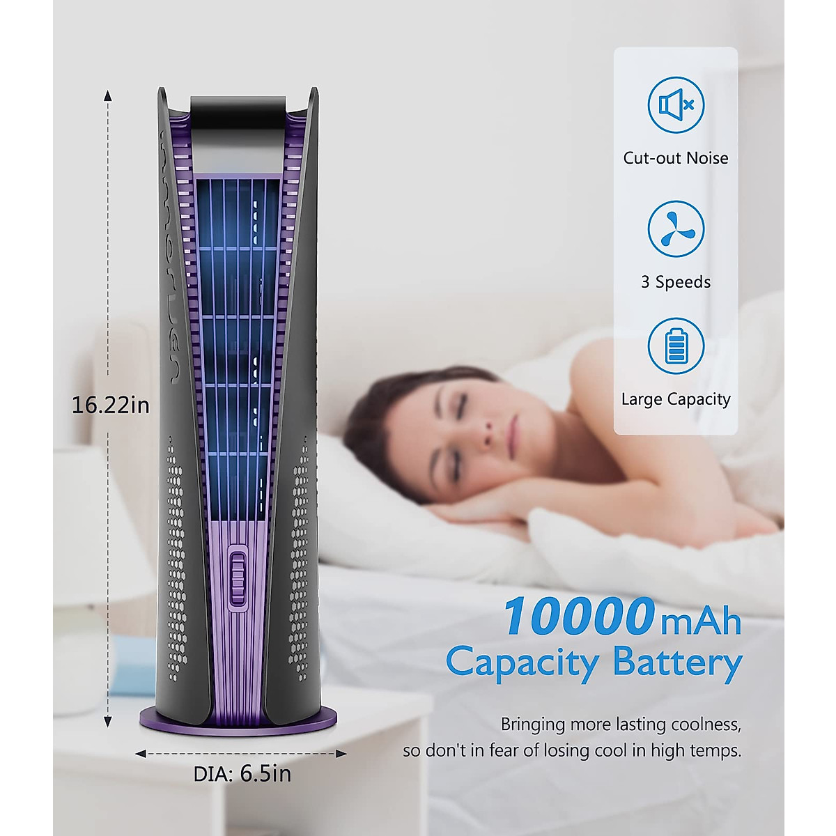 CONBOLA Portable Tower Fan, Bladeless Desk 16 Inch 10000mAh Battery Operated Rechargeable Fan Oscillating Standing Fan with 3 Speeds Timer LED Light, Small Personal Quiet Table Fans for Bedroom, Gray