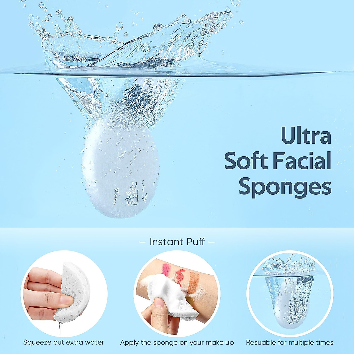 GAINWELL 50-Count Compressed Facial Sponges with Storage Container, for Facial Cleansing, Reusable Makeup Remover, Portable, Suitable for Travel, White