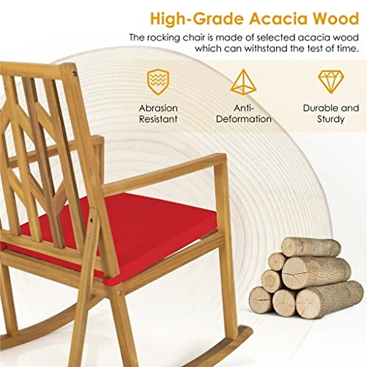 WYFDP Rocking Chair Acacia Wood arm Cushion Sofa Garden red