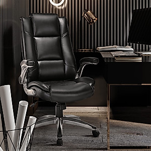 COLAMY Office Chair High Back Leather Desk Chair, Flip-up Arms Adjustable Swivel Executive Chair Thick Padding for Comfort and Ergonomic Design for Home Office, Black