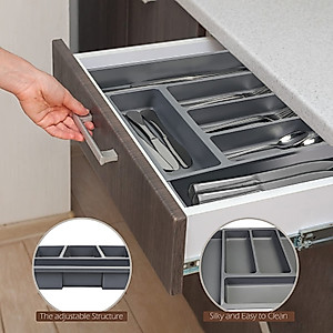 KAKUNM Adjustable Silverware Organizer | Cutlery Utensil Organizer Silverware Tray for Drawer Apartment Essentials, Convenient Flatware Kitchen Organization and Storage for Spoon Knife, Gray