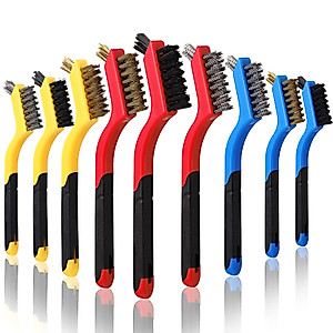 9 Pcs Wire Brush Set Nylon Brass Stainless Steel Bristles with Curved Handle Grip, Wire Cleaning Brush Scratch Brush for Rust Remover Dirt Paint Removal Clean
