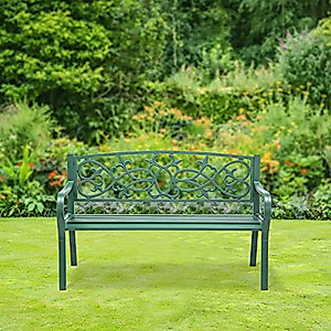 Outogether Steel Bench Metal Bench for Outdoor, Garden Bench for Patio Porch Backyard, Floral Design Backrest Slatted Seat (Green)