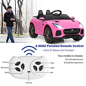Costzon Ride on Car, 12V Licensed Jaguar F-Type SVR Battery Powered Kids' Electric Vehicles w/Remote Control, Front/Rear Lights, MP3/Music/3 Speeds/Spring Suspension, Kids Car Toy for Toddler (Pink)