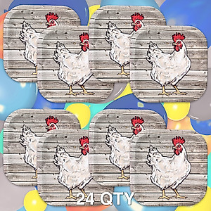 Havercamp Chicken 9” Plates on Barnwood (24 pcs.)! Authentic and Clucky Chicken on a Rustic Barnwood Background. 24 Lg. 9 in. Square Dinner Plates. Pair with the Farm Table Collection!