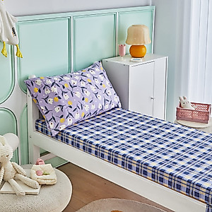 100% Cotton 4 Pieces Purple Floral Toddler Bedding Set with Yellow and White Flowers Includes Adorable Quilted Purple Comforter, Plaid Fitted Sheet, Top Sheet, and Pillow Case for Boys Girls