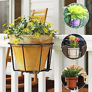 6 Pcs Round Hanging Railing Planters Basket, Metal Flower Pot Holder, Planter Potted Stand Iron Rack Fence Support Stand Shelf with Detachable Hook for Balcony, Garden, Indoor and Outdoor, Black