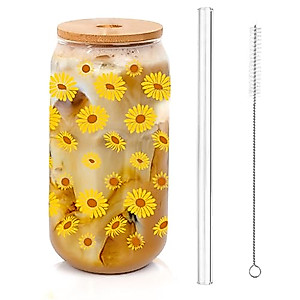 Sunflower Gifts for Women, Glass Cups with Lids and Straws, 18OZ Glass Cups, Drinking Glasses, Iced Coffee Glasses Cup, Smoothie Cups, Tumbler Glass, Reusable Cup Drinking Glasses -Set of 1