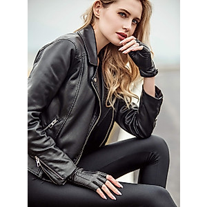 YISEVEN Women's Classic Sheepskin Leather Fingerless Gloves Lined Classic Soft Sheepskin 1/2 Half Finger Button Punk Motorcycle Cycling Fitness Touchscreen Warm Winter Gift, Black 7.5"/Large