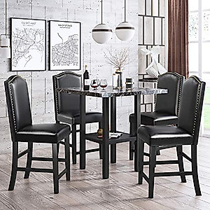 LZ LEISURE ZONE 5 Piece Dining Table Set, Kitchen Table Set Wood Marble Veneer Table with Bottom Shelf and 4 PU Leather Chairs with Nail Head Trim (Black+Black, 5 Piece)