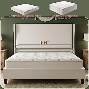 LIKIMIO King Bed Frame with 53.6" High Headboard, Upholstered Cama King Beds with Wood Slat Supports, No Box Spring Required, Easy Assembly, Cream