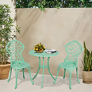 Verano Garden 3 Piece Outdoor Bistro Set, Rust-Resistant Cast Aluminum Patio Bistro Set Antique Finish, Weather Resistant Patio Table and Chairs, Outdoor/Indoor Use, Teal