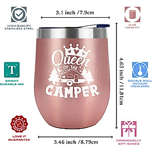 Joyloce Queen Of The Camper Wine Tumbler Camping Coffee Mug Cup Women Camper Stemless Tumblers With Lid Stainless Steel Insulated Vacuum 12 Oz RV Gifts For Campers Outdoors Hiking