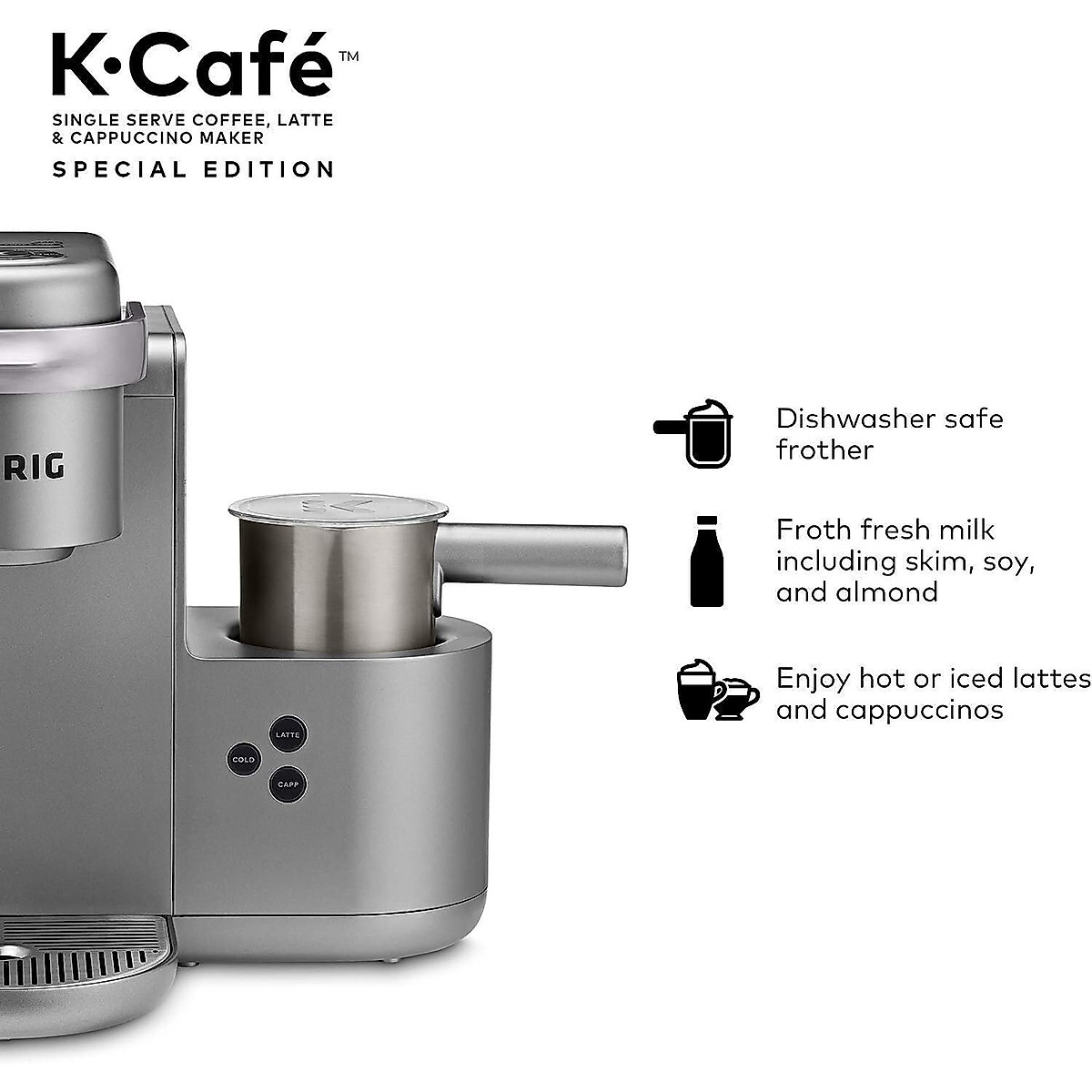 Keurig K-Cafe Special Edition Coffee Maker with Latte and Cappuccino Functionality (Nickel) Bundle with Donut Shop and Italian Medium Roast Coffee Pods and Stainless Steel Tumbler (4 Items)